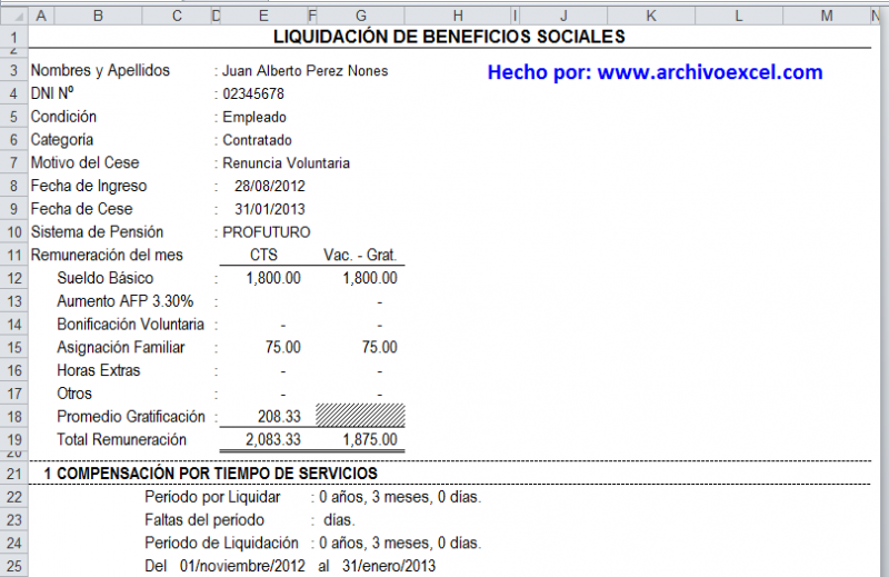 Liquidación de Beneficios Sociales – Archivo Excel