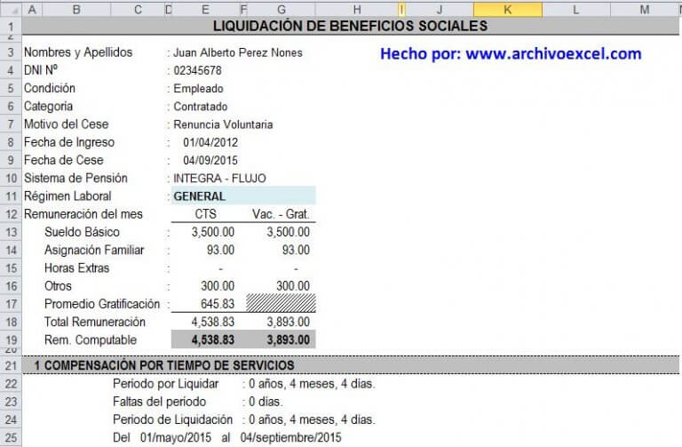 Liquidación de Beneficios Sociales – Archivo Excel